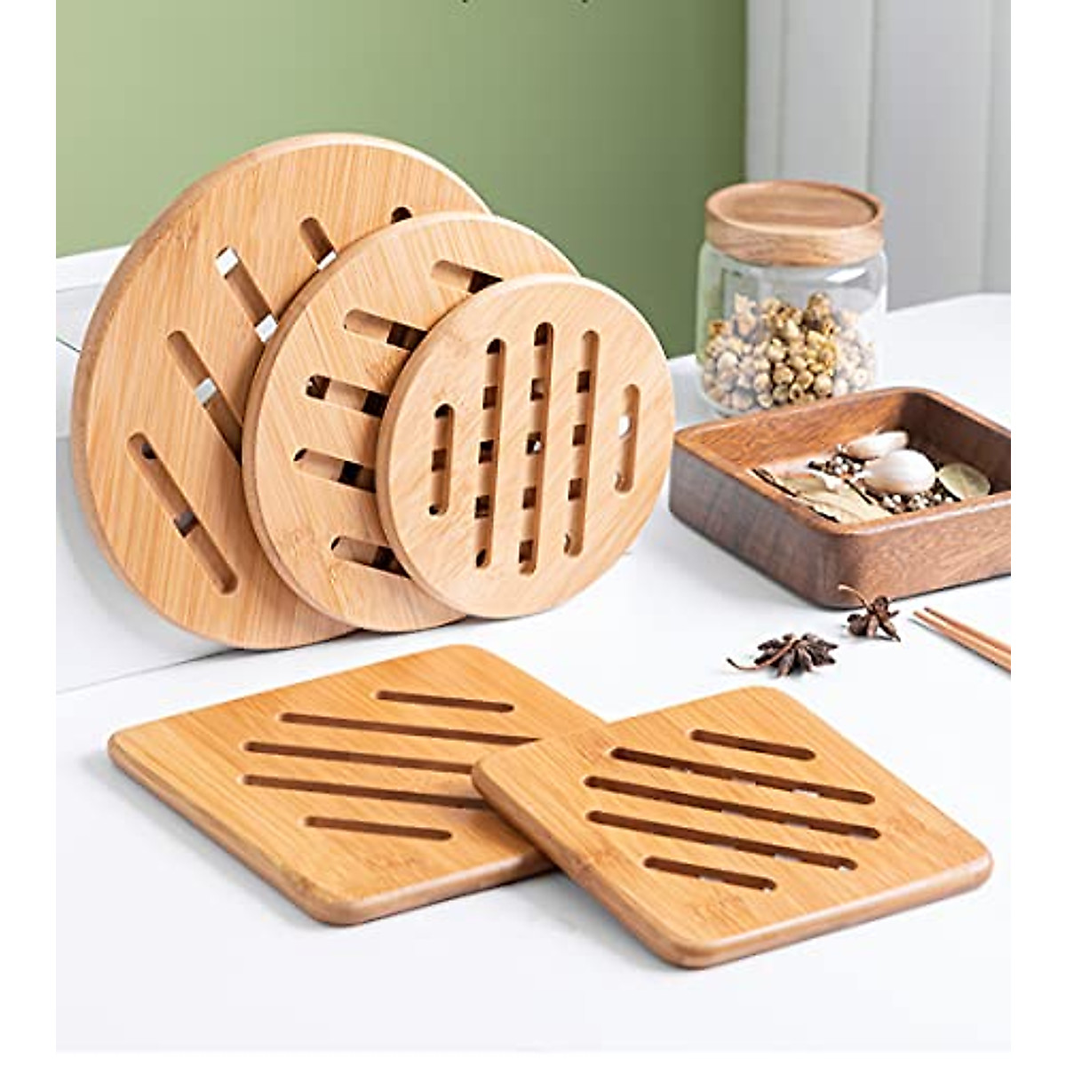 Lawei 8 Pack Bamboo Trivets with Dish Rack - Bamboo Trivet Mat Bamboo Hot Pads Trivet for Hot Dishes, Pot, Bowl, Teapot