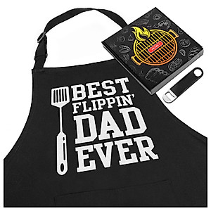 VAGAVY - Best Flippin Dad Ever Dad Apron with Pockets - Bottle Opener and Gift Box Included - Birthday, Father’s Day Grilling Gifts for Papa, Husband - Black Barbeque Apron for Daddy Men