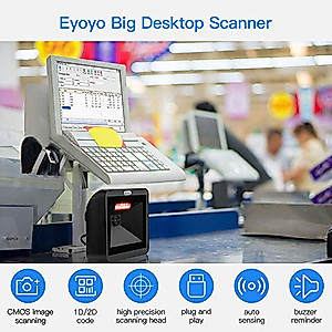 Eyoyo Hands-Free 2D QR Barcode Scanner, Omnidirectional Desktop Automatic 1D Barcode Reader Big Scan Window to Read PDF417 on ID Card, Driver's License, Passport for Supermarket Library Retail Store