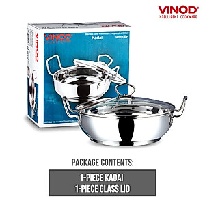 Vinod Stainless Steel Kadhai with Glass lid - Induction Friendly (18 cm/ 7 inch) – 1.5 Liters(1.7 Quarts) – 6 Cups - Small Size - Multi-Use Pot – Suitable For Indian Cooking, Sauce, Deep Fry, Stew