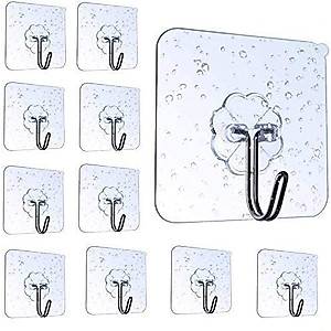 YAWALL 10 Pack Wall Hooks for Hanging 44lb(Max), Transparent Reusable Seamless Heavy Duty Hooks, Waterproof and Oilproof, Bathroom Kitchen Self Adhesive Hooks