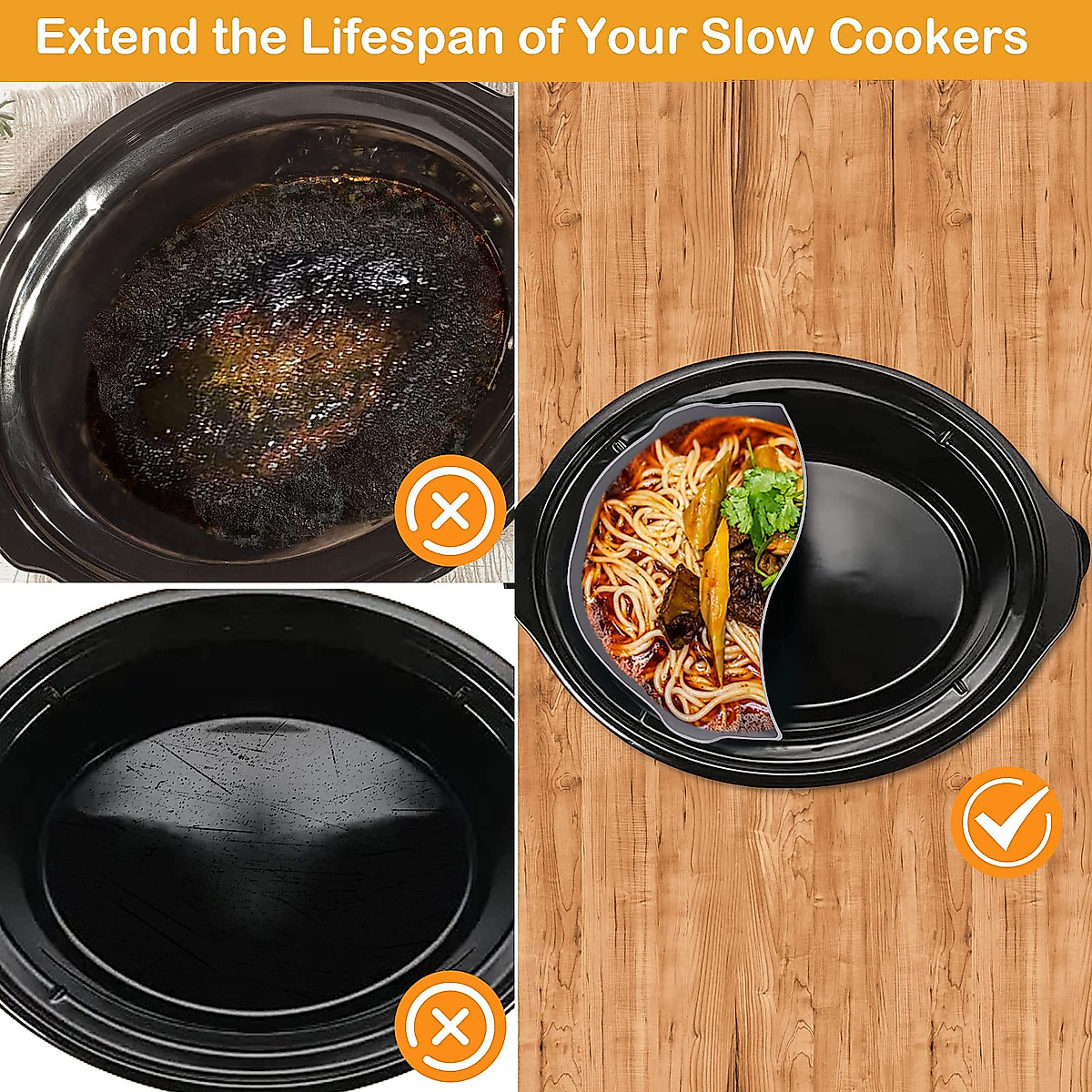 Slow Cooker Divider Liner for 6 QT Crockpot, Food Grade Silicone Reusable Leakproof Crockpot Divider, NON BPA Dishwasher Safe Slow Cooker Liner for 6 Quart Pot (2 Compartments)