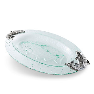 Arthur Court Designs Aluminum Salmon Fish Bagel Lox Glass Platter 20 inch x 11.5 inch