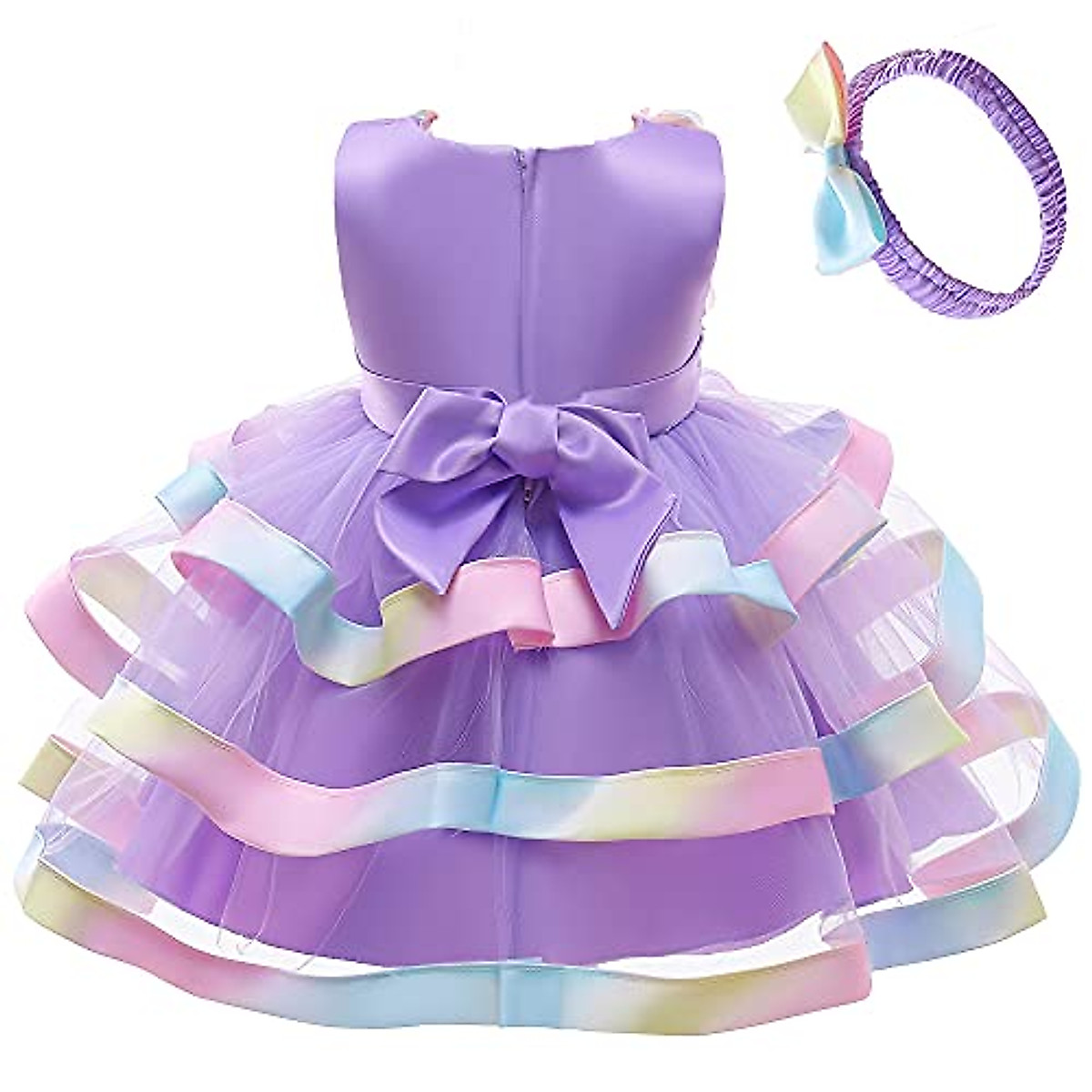 6M-6T Toddler Baby Girls Colorful Floral Tutu Gown Dress Party Evening Wedding Christmas Dance Dresses with Headwear Purple 90
