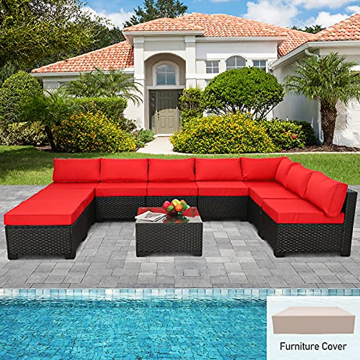 Patio Sectional Furniture Set 10-Piece Outdoor Wicker Conversation Sofa Couch with Red Non-Slip Cushions Furniture Cover Black PE Rattan