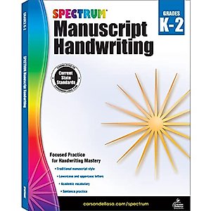 Spectrum Manuscript Handwriting Workbooks, Ages 5 to 8, Kindergarten to 2nd Grade Handwriting Practice With Lower-and Uppercase Letters, Sentence Practice, and Vocabulary - 96 Pages