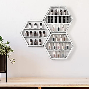 Essential Oils Storage Shelf Wall Mounted Rustic Nail Polish Rack Organizer Wood Farmhouse Hexagonal Floating Shelves for Bathroom Bedroom Living Room Office, Rustic White