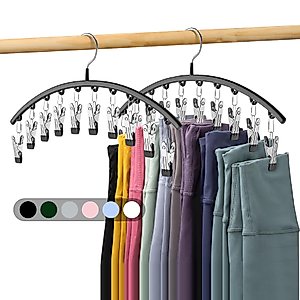 Volnamal Legging Organizer for Closet, Metal Yoga Pants Hangers 2 Pack w/10 Clips Holds 20 Leggings, Space Saving Hanging Closet Organizer w/Rubber Coated Closet Organizers and Storage, Black