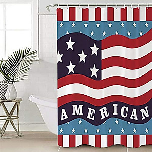 4PCS Bathroom Set Independence Day 4th of July Shower Curtain Sets with Non-Slip Rugs Toilet Lid Cover and Bath Mat Embroidery American Flag Stars and Stripes Simple Bath Curtains with 12 Hooks