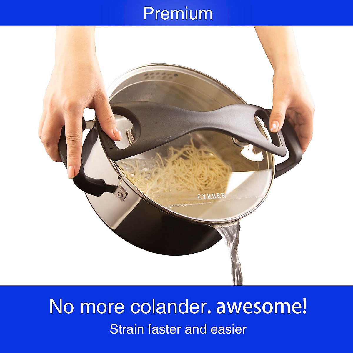 Stainless Steel Cookware Pasta Pot by Cyrder – 5 Quart, Strainer in Glass Lid, Two Side Spouts, Capsule Bottom Stock Pot, Durable & dishwasher safe