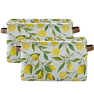MNSRUU Storage Basket Lemon Floral Collapsible Organizer Basket with PU Handles, Waterproof Nursery Laundry Basket Kids' Toy Storage Basket,2 Pack