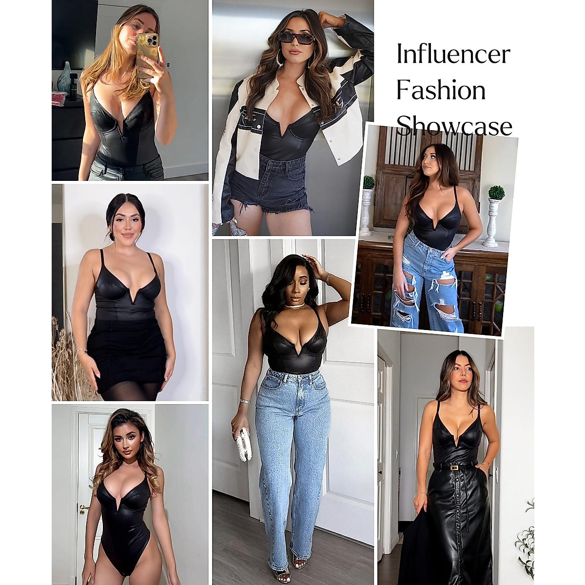 Popilush Faux Leather Deep V Bodysuits for Women Tummy Control Shapewear Bodysuit Thong Body Suits Sleeveless Sculpting Body Shaper Black Leotard