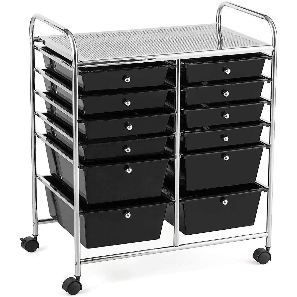 ReunionG 12-Drawer Storage Cart, Rolling Organizer with 4 Large & 8 Small Drawers, Steel Frame, Black