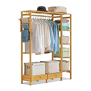 MoNiBloom Bamboo Free-standing Closet Organizer with Pants Scarves Racks and a Hanging Rob, Extra 5 Clothing Storage Shelving and 2 Drawers for Bedroom Living Room, Natural