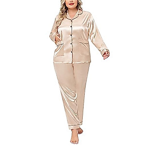 SWOMOG Women Plus Size Long Sleeve Pajamas Silk Satin Womens Pajama Sets Button Down Sleepwear Top Pj Loungewear with Pockets Champagne