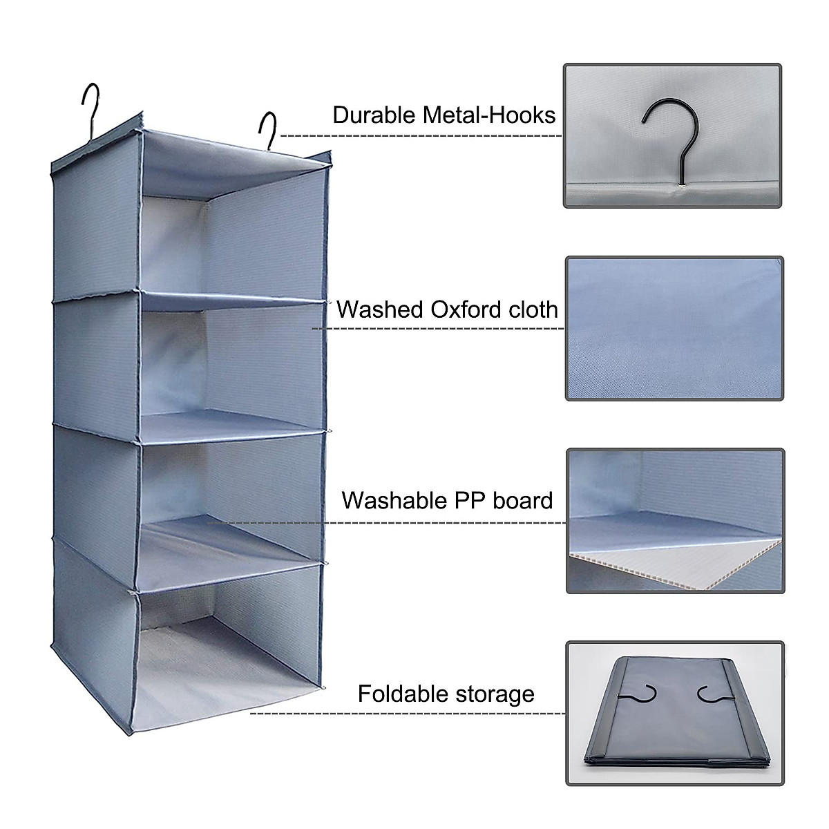 Taoomeho Hanging Closet Organizers and Storage Set,4-Shelf Foldable Hanging Storage Shelves and Dual-Sided Storage Bags，Great for Clothes Bag Bra Underwear Underpants Socks Organization Storage，Gray