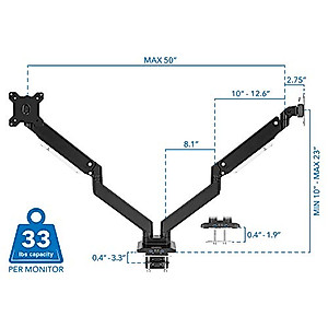 MOUNT-IT! Heavy Duty Dual Monitor Desk Mount with USB 3.0 Ports | 33 lbs Capacity Per Arm | Adjustable Gas Spring, Double Arms for Computer Monitors, Full Motion Articulating, VESA (17-35 inches)