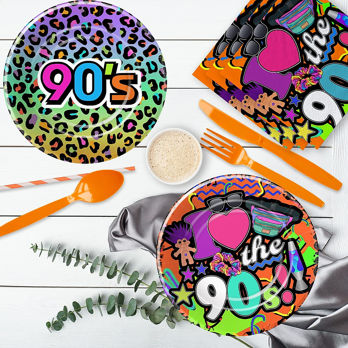 HIPVVILD 90's Party Decorations Tableware - 90s Theme Birthday Party Supplies Include Paper Plate, Cups, Napkins, Tablecloth, Cutlery, Straw, 90s Theme Birthday Party Decorations Dinnerware | Serve 24