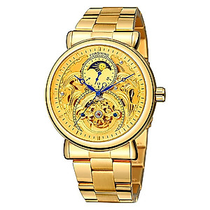 Tiong Mens Skeleton Automatic Mechanical Watch Golden Vintage Moon Phase Steel Male Wristwatch
