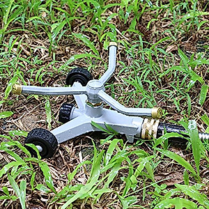 STYDDI Metal Rotating Water Sprinkler for Yard, Heavy Duty Metal 3-Arms 360 Degree Automatic Rotary Lawn Sprinkler with Wheeled Base for Outdoor Lawn and Garden, Yard