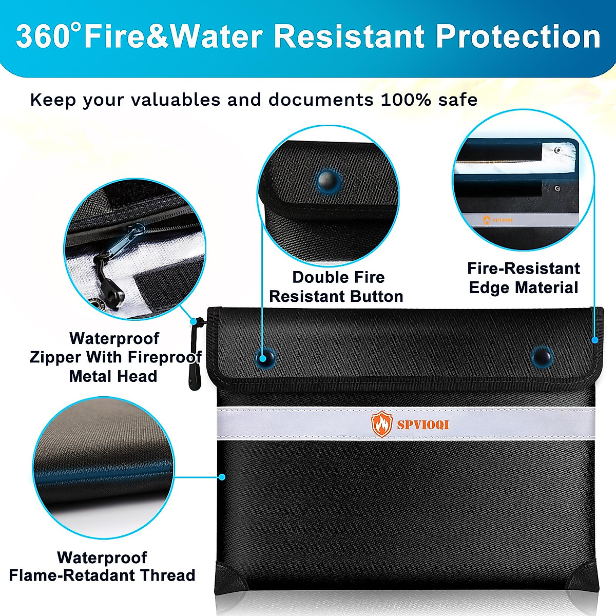 Fireproof Document Bag with 4200°F Heat Insulated, 11”X 7.7” Waterproof Fireproof Bag with Zipper, Reflective Strip for Fast Find, Fireproof Money Bag for Cash, Important Documents and Valuables