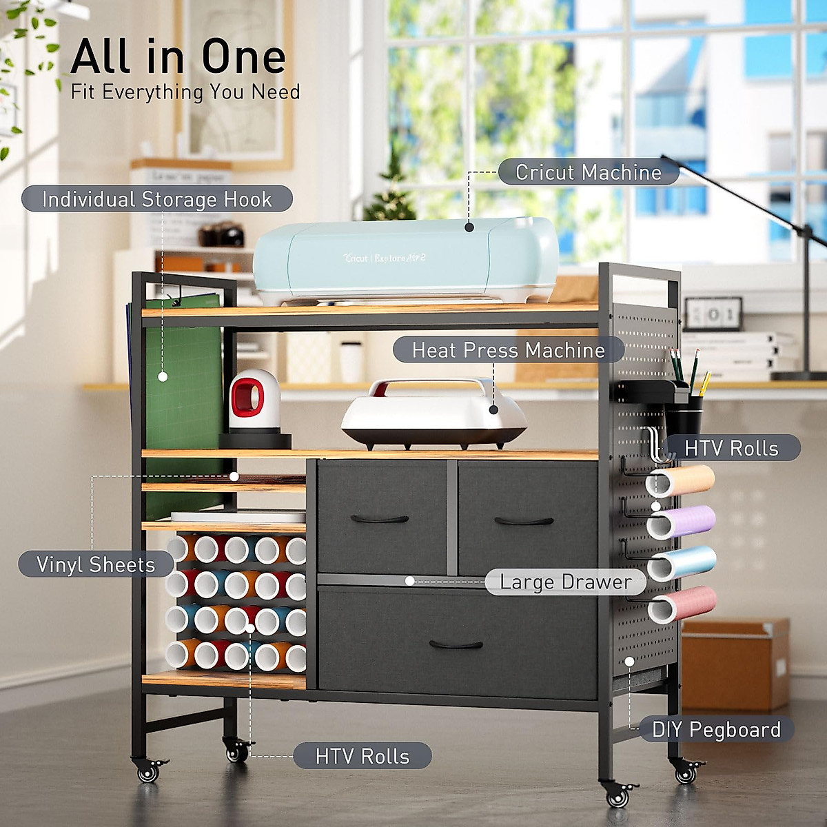 PUNLUXU Organizers and Storage Compatible with Cricut Machines - Vinyl Roll Holder, DIY Pegboard with Accessories Organizer, Rolling Craft Table with Storage Cabinet Workstation PU-01 Patent Protected