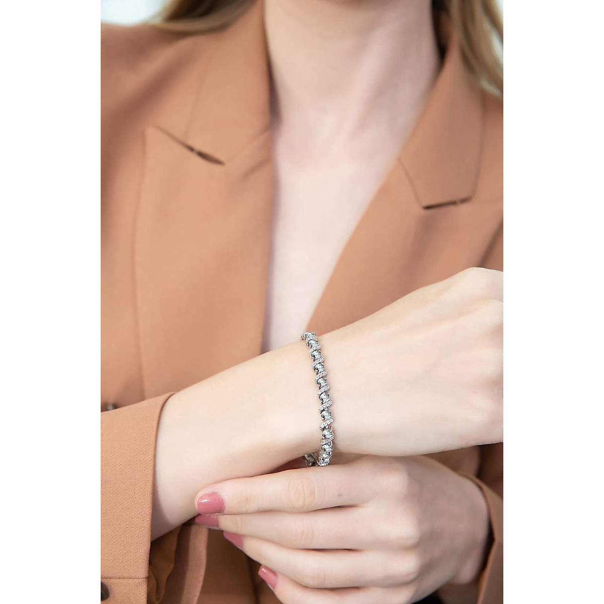 B. BRILLIANT Sterling Silver Aquamarine 4mm Round-Cut S Design Tennis Bracelet with White Topaz Accents