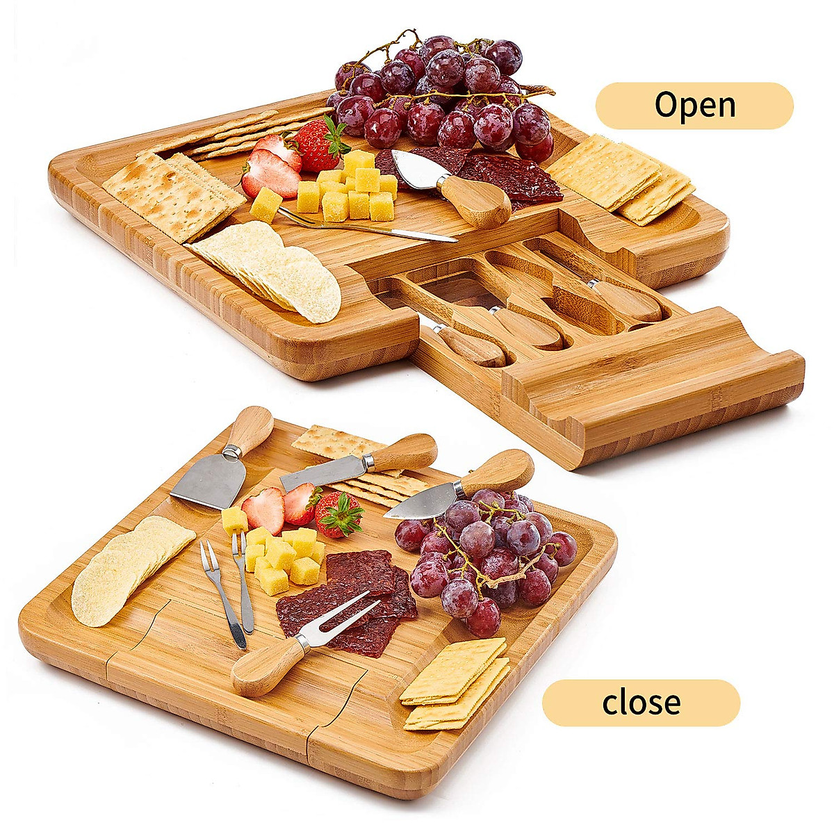 Utoplike Cheese Board Set, Bamboo Charcuterie Boards Server, Large Chacutery Platter Serving Tray with 4 Stainless Steel Knife Folks in Drawer, Perfect for Birthday, Housewarming