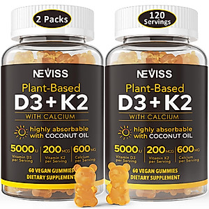 Vitamin D3 5000iu & K2( as MK7 ) 200mcg Gummies + 600mg Calcium, with Coconut Oil for High Absorption, Maximum Strength Vitamin D3 K2 Supplement - Support for Bones Muscle Teeth Immune, Vegan 2Packs