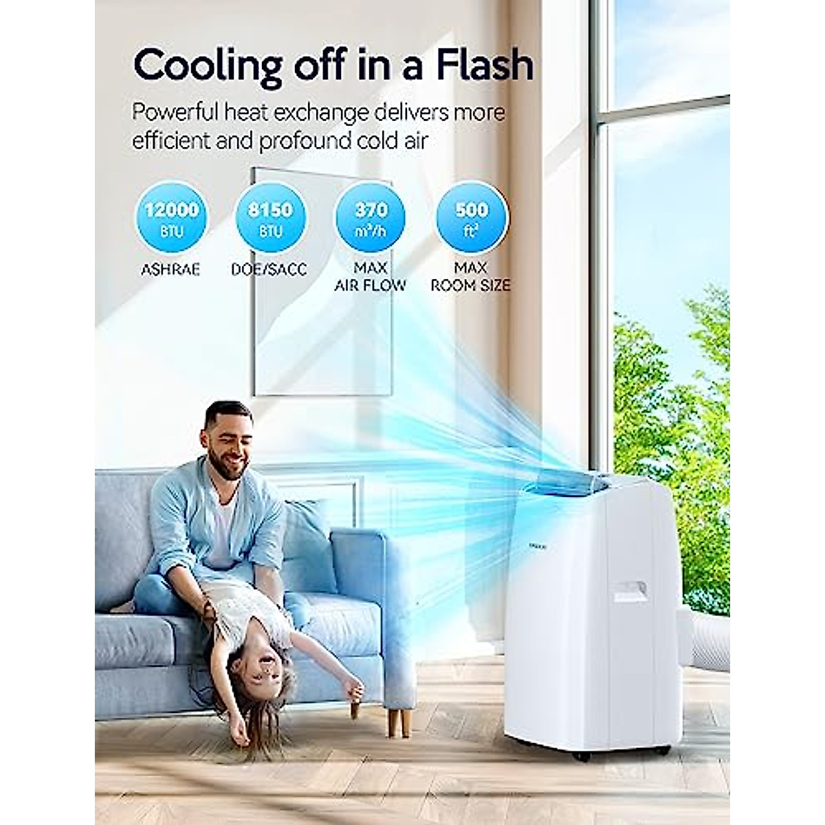 VAGKRI Portable Air Conditioners 12000 BTU ASHRAE (8150 BTU DOE/SACC), 3-in-1 AC Unit with Fan & Dehumidifier Cool up to 500 sq. ft, Portable AC with Smart/Sleep Mode, 3 Fan Speeds, Auto Swing, 24H Timer, Remote Control