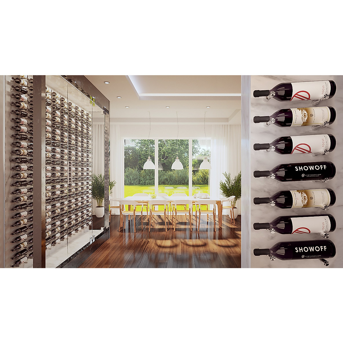 VintageView Vino Pins - 3 Bottle Wall Mounted Wine Bottle Rack (Anodized Black) - Stylish Modern Wine Storage with Label Forward Design