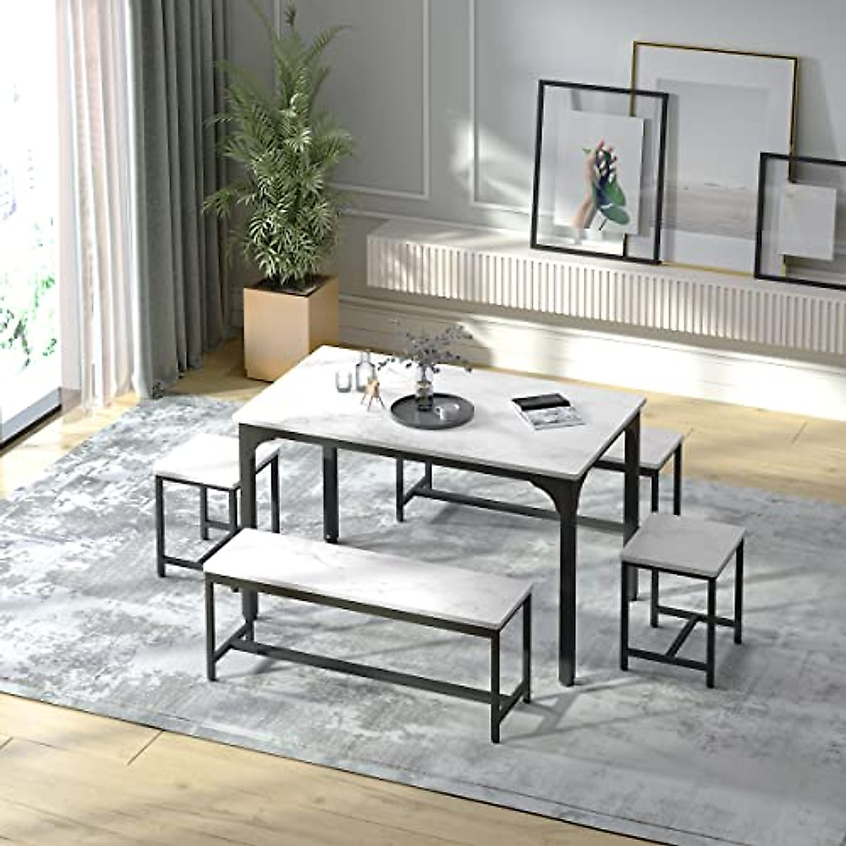 WiberWi Dining Table Set for 6, 47.3” Kitchen Dining Table, 5 Piece Kitchen Table and Chairs for 6, Heavy Duty Dining Room Table with Metal Frame & Faux Marble Tabletop for Kitchen Small Spaces