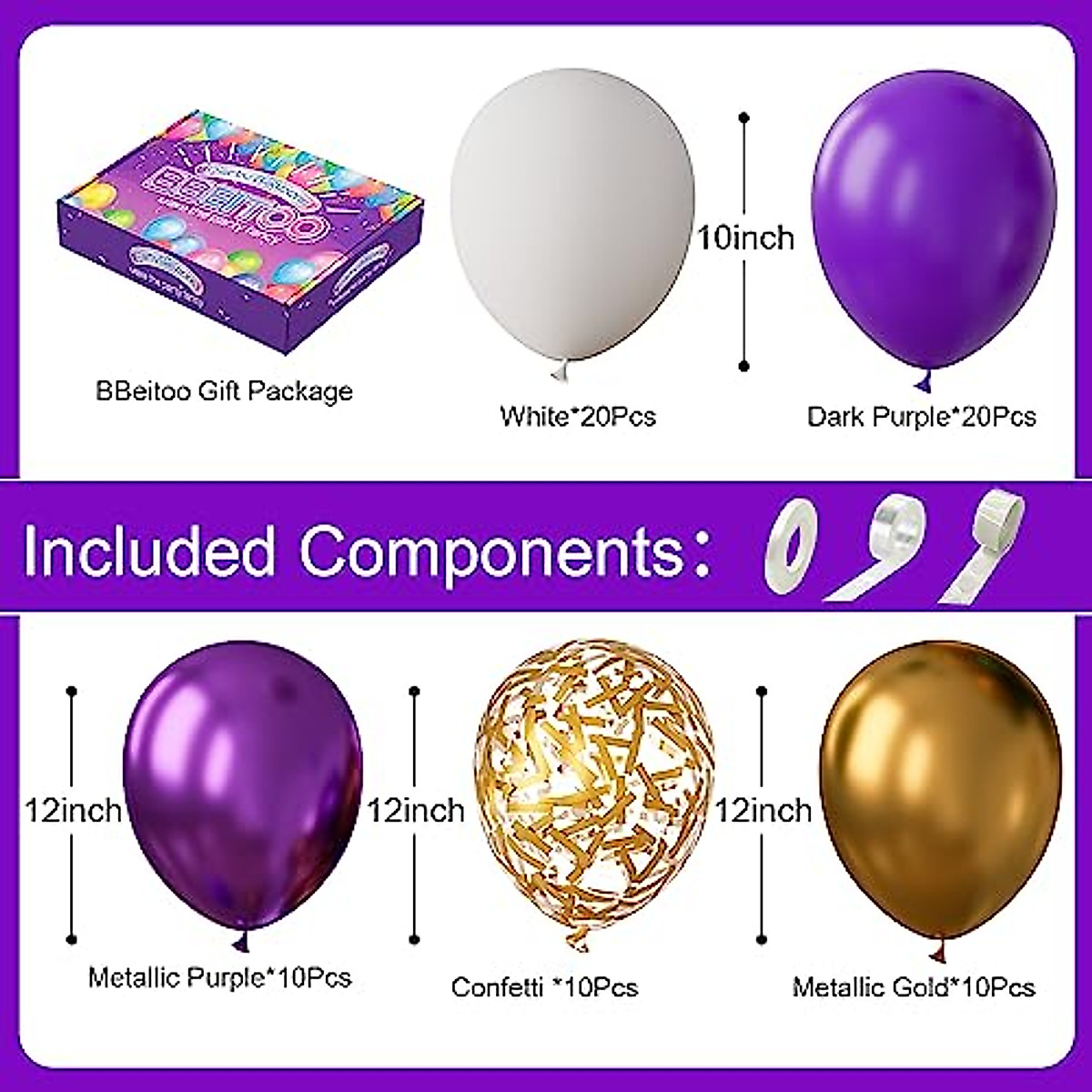 BBeitoo 73Pack Purple and Gold Balloon Arch Kit 12inch Dark Purple Gold White Balloons Metallic Purple Gold Balloons for Purple and Gold Party Decorations