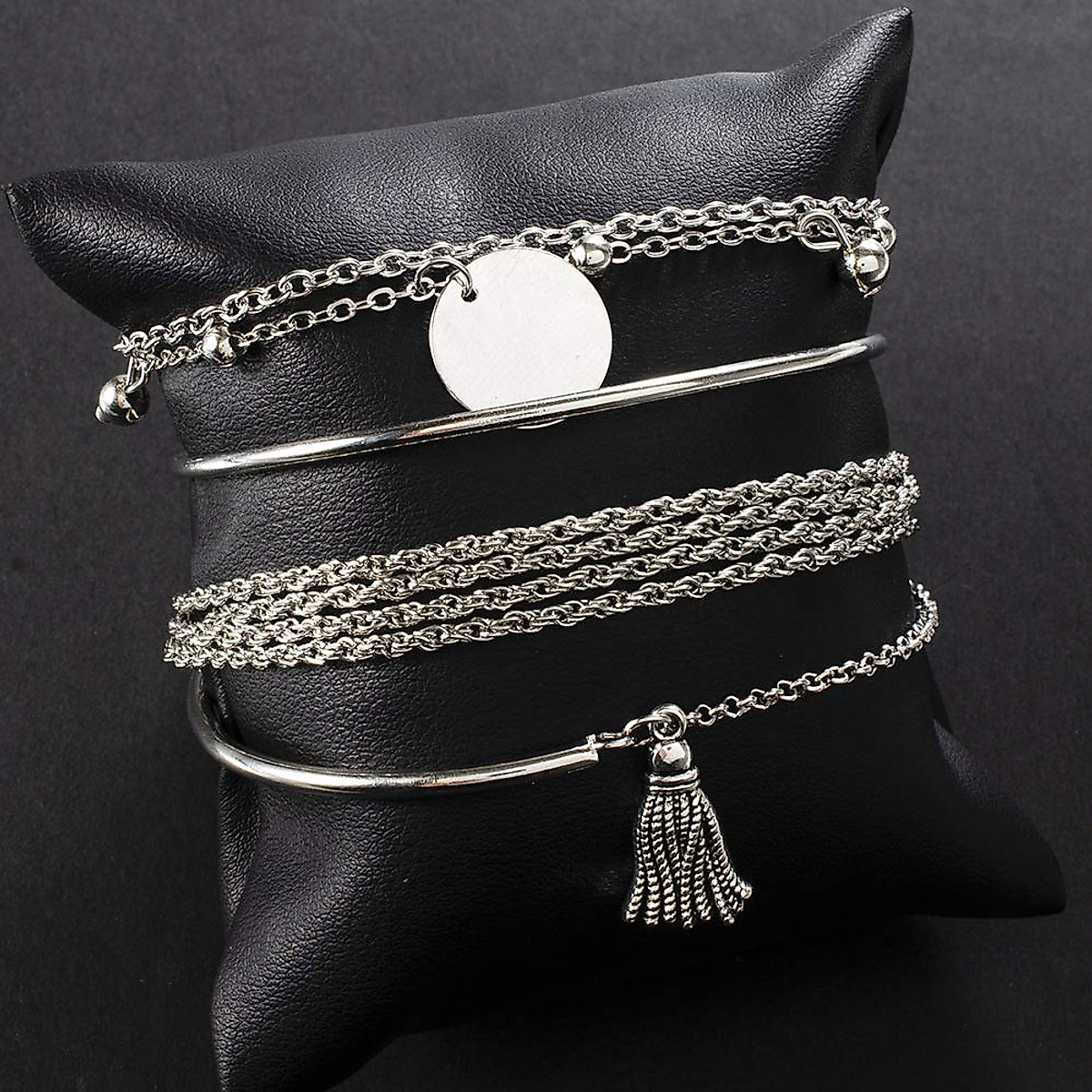 Jovono Boho Stackable Bracelet Silver Layered Sequins Bracelet Sets Baeded Bracelets for Women(4Pcs)