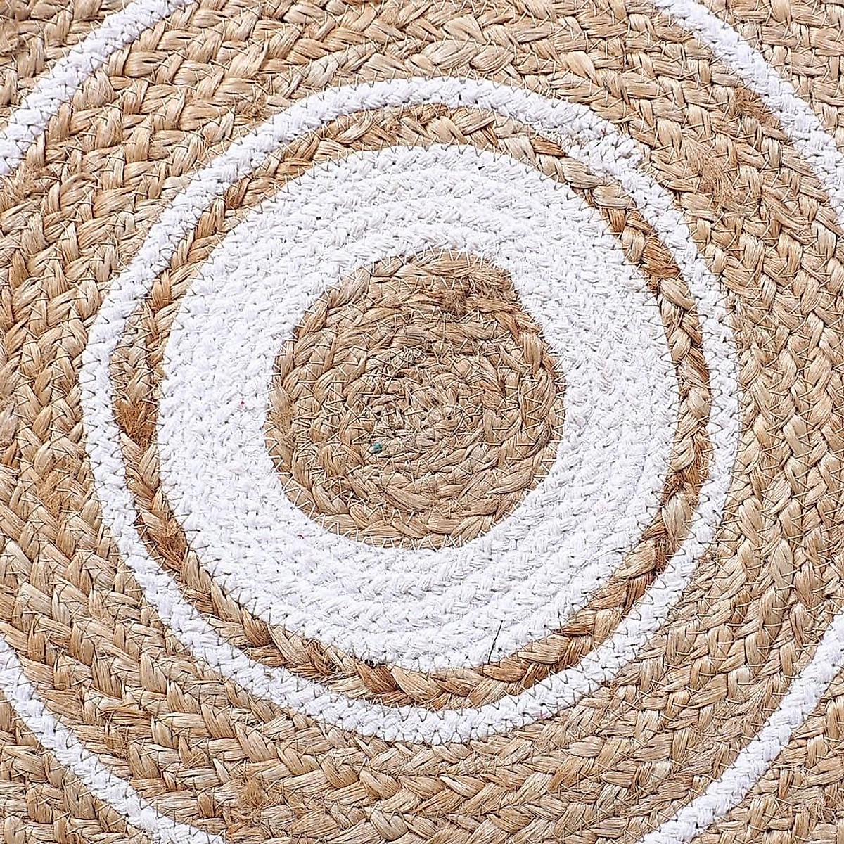 100% Jute Area Rug Approx 3 Feet - Braided Design Hand Woven Natural White Rings Carpet - Home Decor for Living Room Hallways - Round Natural Fibers 36" inch