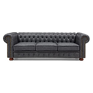 LUMISOL 88" Modern 3 Seater Sofa, Faux Leather Chesterfield Sofa with Rolled Arm, Tufted Upholstered Couch with Nailhead for Living Room, Apartment (Dark Gray)