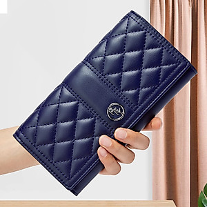 Felomdep Womens Wallet Medium Size Trifold Rfid Blocking Soft PU Leather Large Capacity Long Blue Shopping Wallet For Lady Travel Document Accessories Holder For Passport,Credit Card,Vaccine Card etc