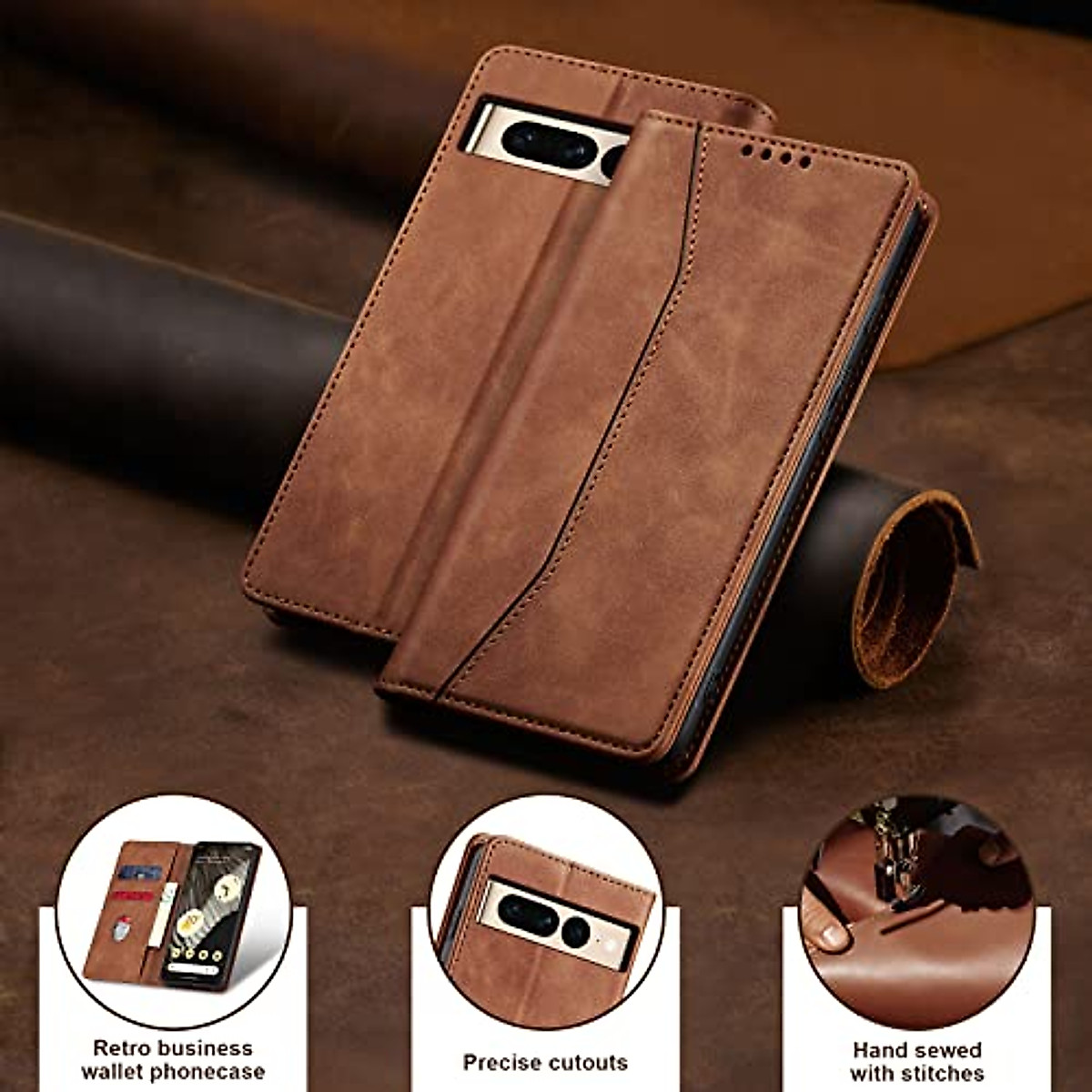 Jasonyu Flip Wallet Case for Google Pixel 7 Pro 5G,Leather Magnetic Folio Cover with Card Holder,Kickstand - TPU Shockproof Durable Protective Phone Case,Brown