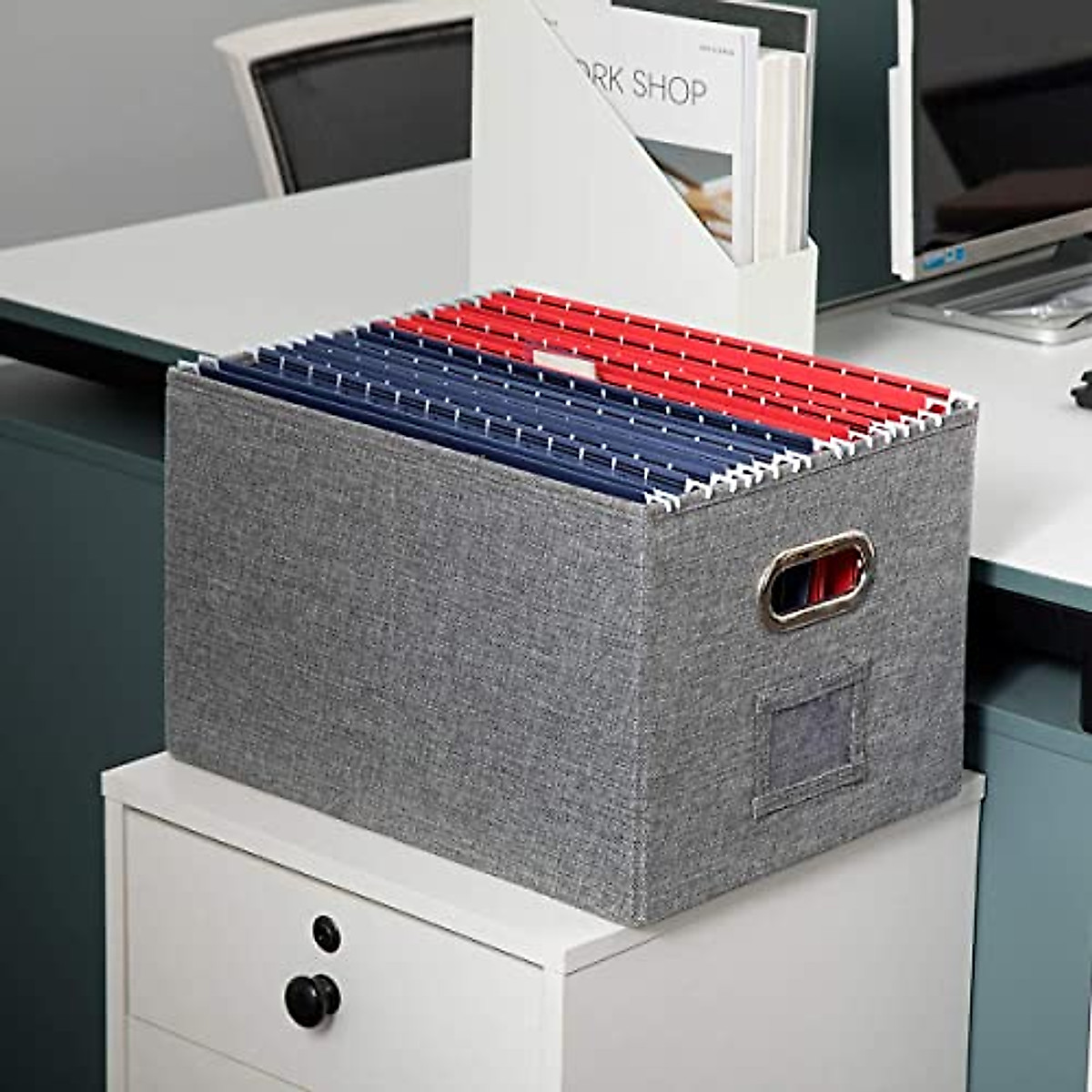 Collapsible File Box Storage Organizer with Lid [1-Pack] Decorative Linen Filing Storage Office Box Hanging Letter/Legal Folder Home Office Bins Cabinet Container