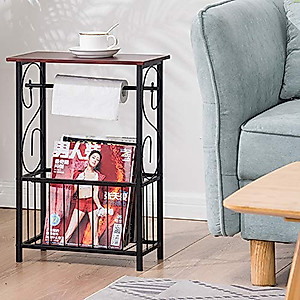 WEI WEI GLOBAL Toilet Paper Holder and Magazine Rack Side Table, Bathroom Storage Table Stand Shelf with Wooden Top and Metal Frame, Brown