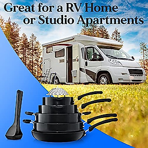 NutriChef Kitchenware Cookware, Non-Stick Pans and Pots with foldable Knob, Space Saving, Stackable, Nylon Tools, Induction Base, Black (17-Piece Set), One Size