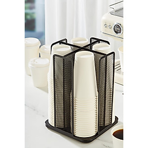 Annova Paper Cup and Lid Holder Plastic Cup Storage Organizer, 360°Rotating Coffee Cup Dispenser with 4 Compartments, Multifunctional Cup Storage Rack for Home, Office, Bar, Coffee Shop (Black)