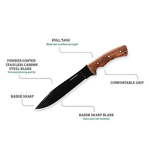 Perkin - Fixed Blade Hunting Knife - Black Carbon Steel Bushcraft Knife - 12.8 Inchs Full Tang Camping Survival Knife