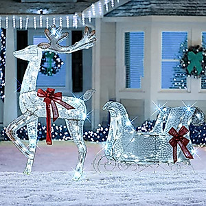 Hourleey Lighted Christmas Decorations Outdoor, Pre-Lit 3D Santa Sleigh Reindeer with 100 LED Cool White Light, Plug in Waterproof Christmas Deer Decorations for Outdoor Yard Lawn Garden Party