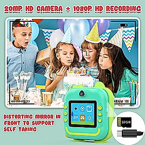 Instant Print Camera for Kids,Inkless Sticker Printer for Girls Boys Age 3-12, HD Digital Video Cameras, Mini Thermal Printer Kid Toy Gifts with 3 Rolls Photo Paper, 5 Color Pens, 32GB Card-Green