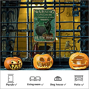 Putuo Decor Halloween Sign, Funny Black Cat Wall Art Decor for Home, 12x8 Inches Aluminum Metal Sign - Warning A Witch Lives Here All Trespassers Will Be Used As Ingredients in The Brew