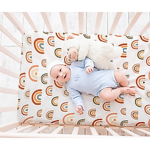 4 Pack N Play Sheets Mini Crib Sheets Boho Nursery Sheets Sunshine and Rainbow Desdign Neutral Unisex Fitted Baby N Play Sheets Mini Crib Sheets for Baby Boys or Girls (N Play Sheets)