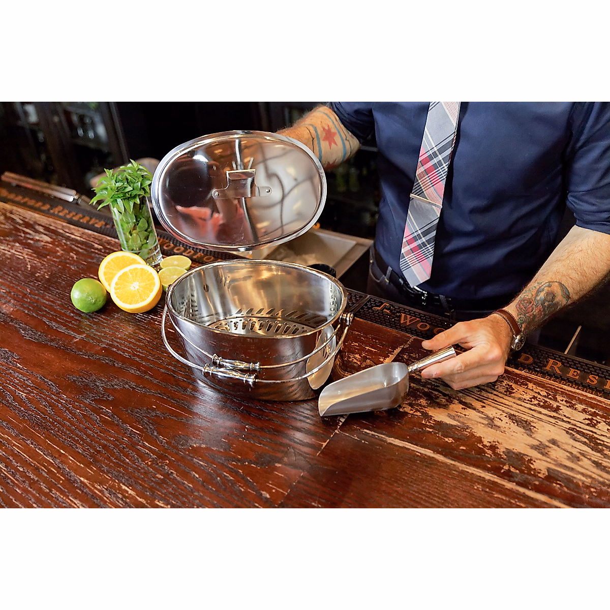 Crafthouse by Fortessa Professional Metal Barware/Bar Tools by Charles Joly, 12" x 5.25" Stainless Steel Ice Bucket with Handle and Drain Tray, Silver