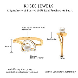 Rosec Jewels Freshwater Pearl Heart Bypass Ring| 5 MM Round| AAA Quality| Promise Ring for Her, 14K Yellow Gold, Size:US 7.50