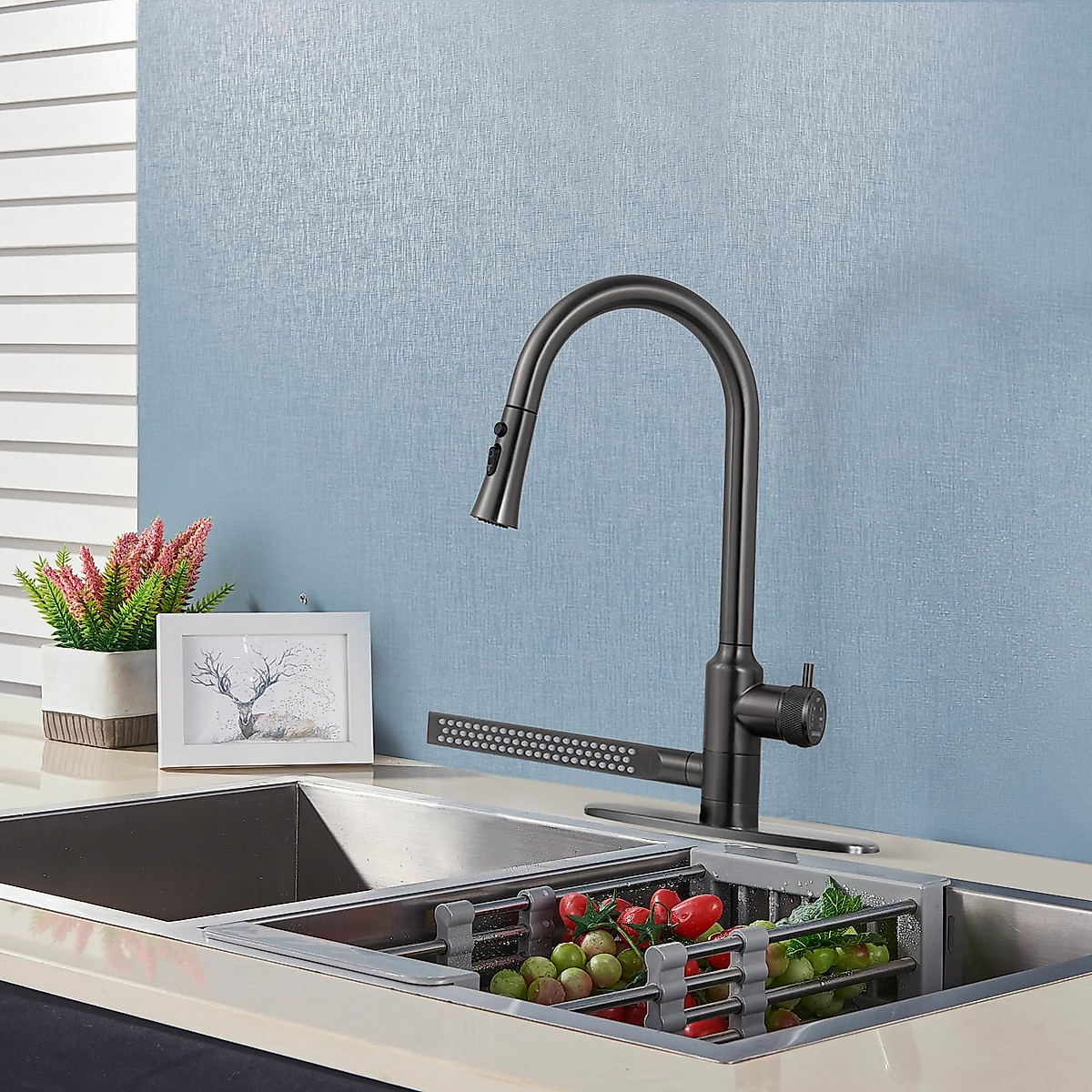 SUBMARINE Stainless Steel Brushed Nickel Kitchen Faucet, Pull Down Sprayer, Three Outlet Modes, with Waterfall Outlet, Single Hole Mounting Belt Base, Distinguish Between Cold and Hot Water (Gun gray)